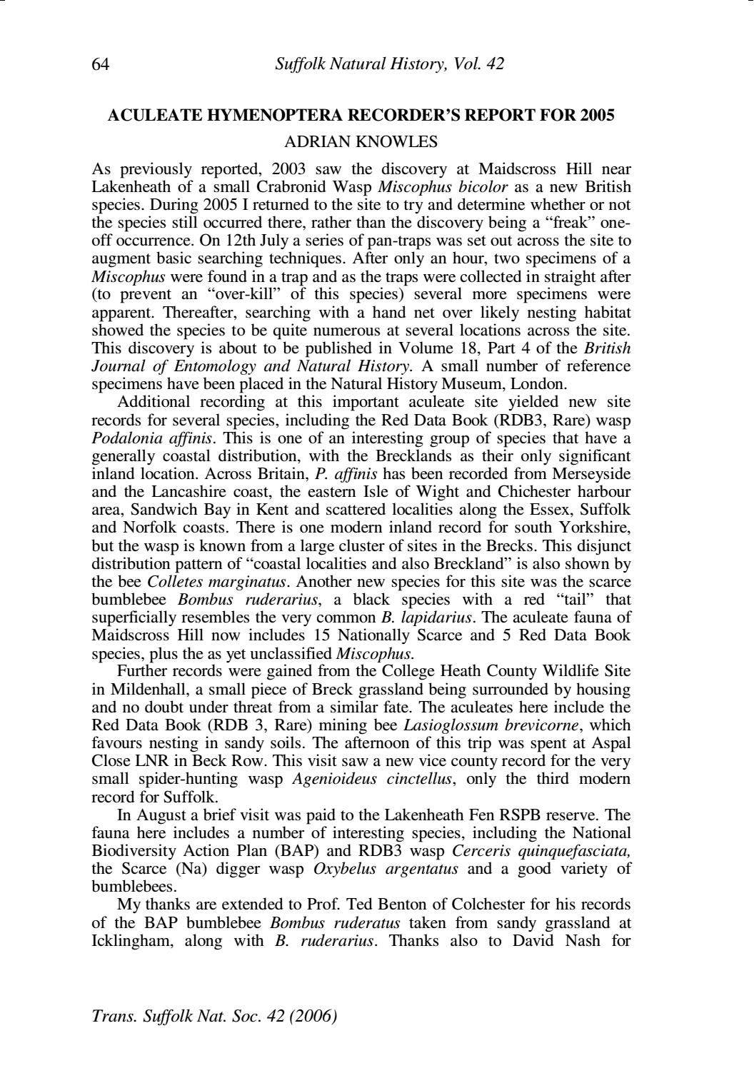 ACULEATE HYMENOPTERA RECORDER’S REPORT FOR 2005 by Suffolk Naturalists ...