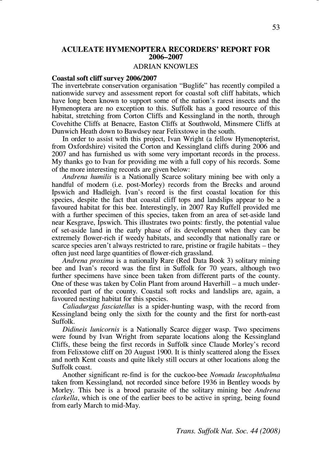 ACULEATE HYMENOPTERA RECORDERS’ REPORT FOR 2006-2007 by Suffolk ...