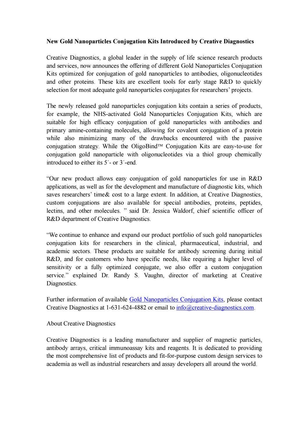 Gold nanoparticles conjugation kits by Creative Diagnostics - Issuu