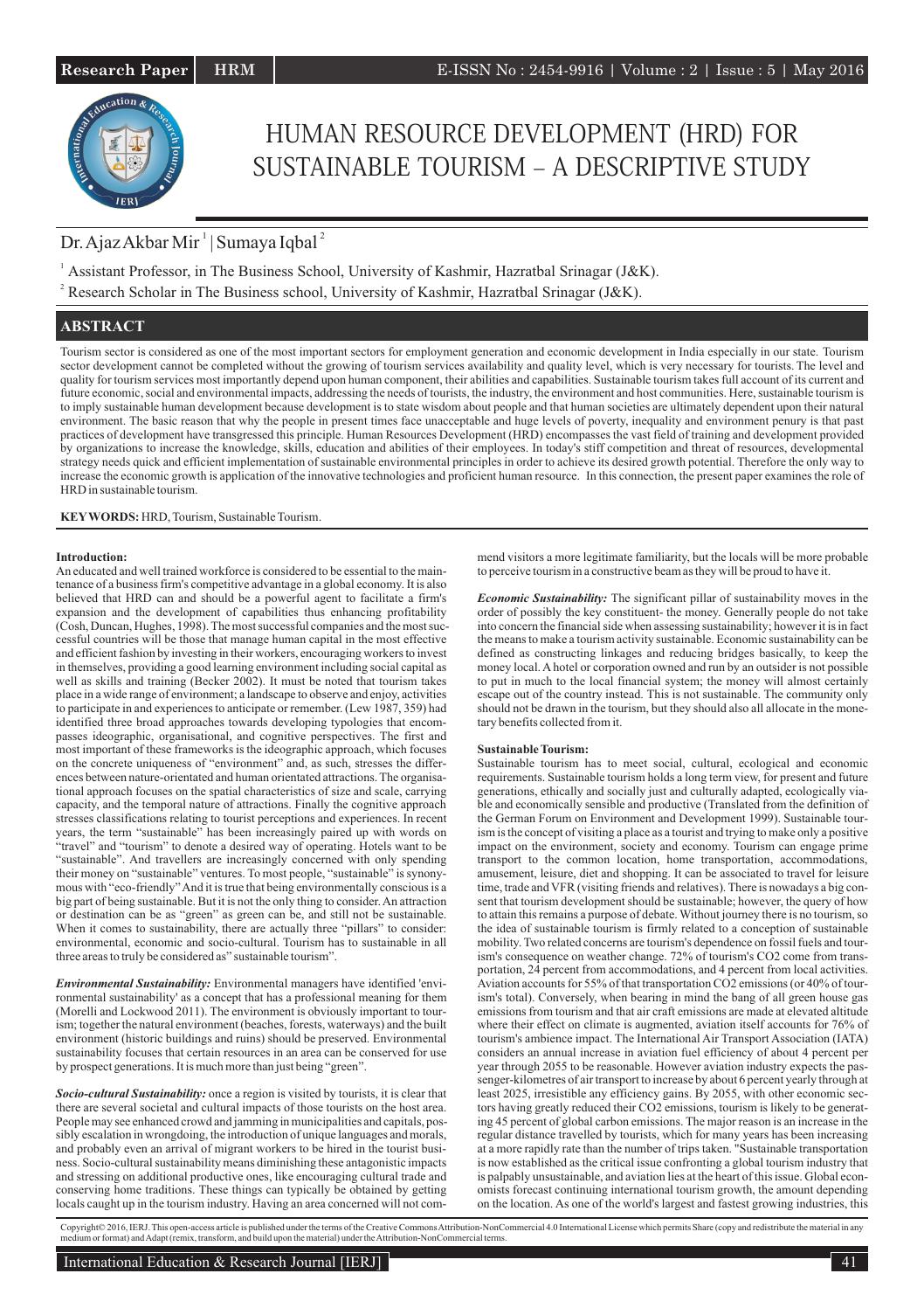 HUMAN RESOURCE DEVELOPMENT (HRD) FOR SUSTAINABLE TOURISM ‒ A ...