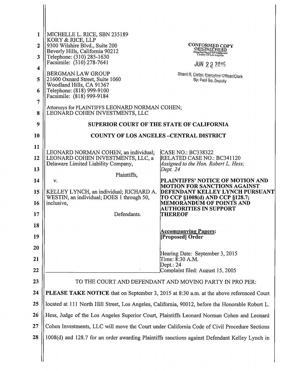 Cohen's Notice of Motion and Motion for Sanctions Against Kelley Lynch ...