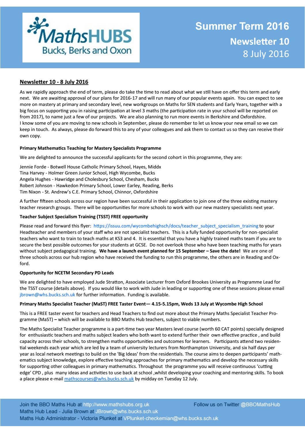 BBO Maths Hub Newsletter 10 - 8 July 2016 by Wycombe High School - Issuu