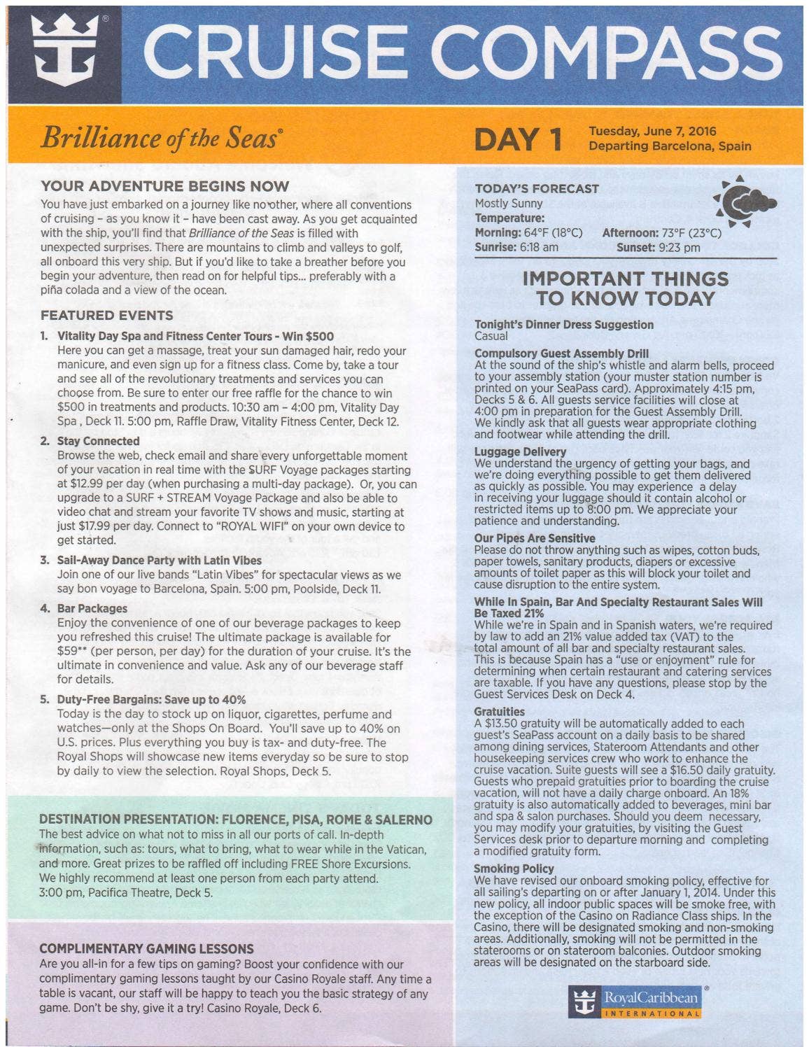 Brilliance of the Seas Mediterranean Cruise Compass - June 7, 2016 by ...