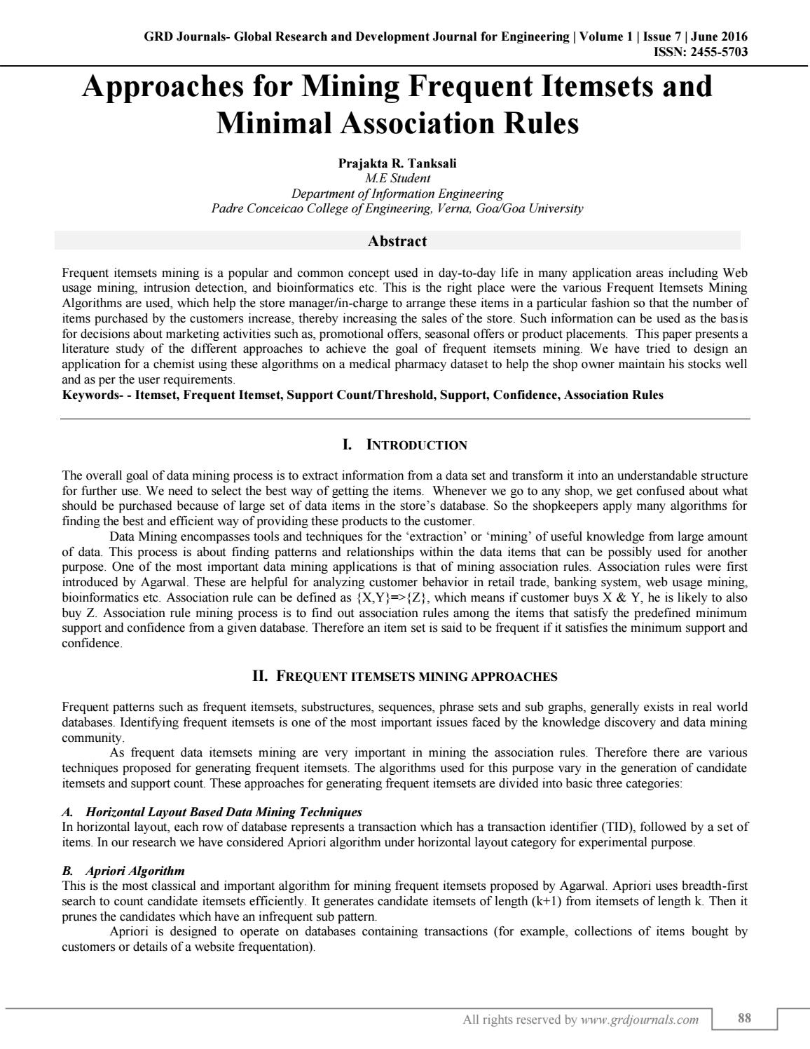 Approaches for Mining Frequent Itemsets and Minimal Association Rules by GRD Journals - Issuu