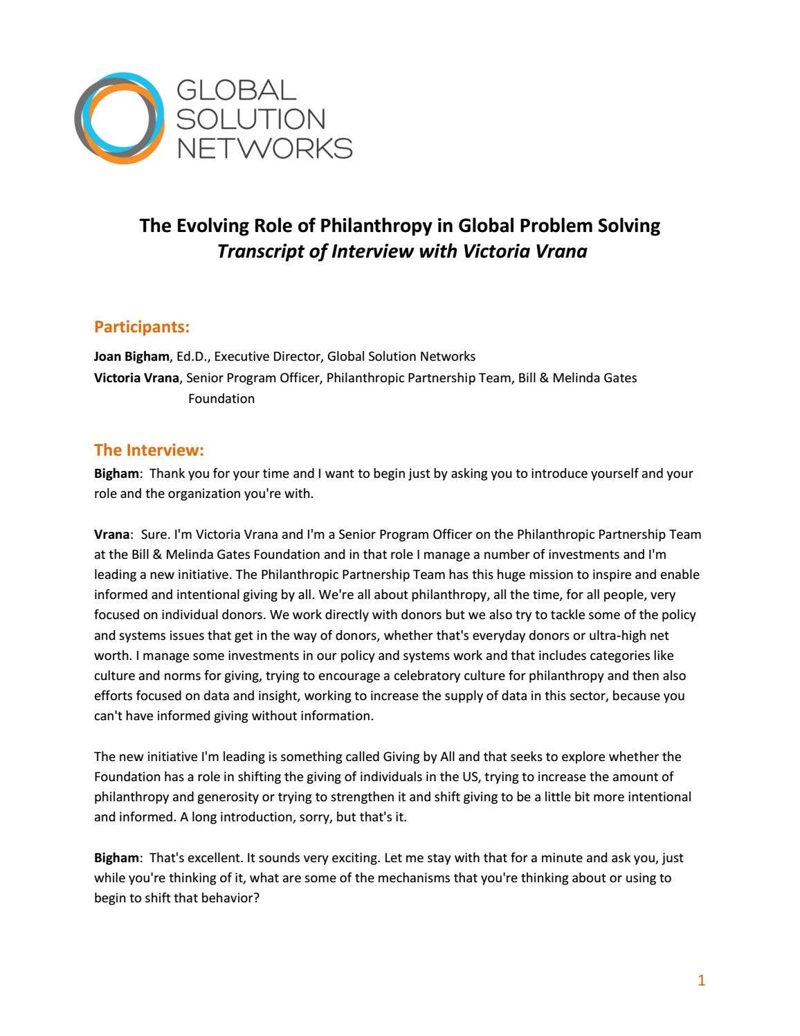 Role of Philanthropy Interview with Victoria Vrana by Global Solution ...