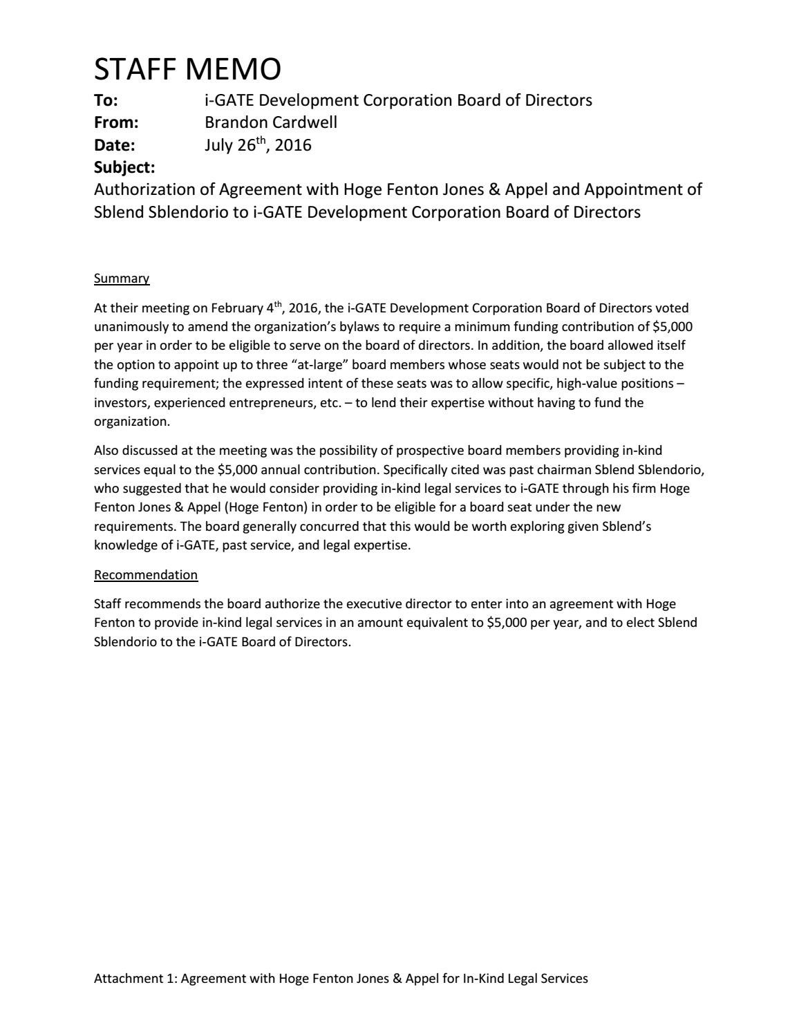 Staff memo appointment of sblend sblendorio to i gate development ...