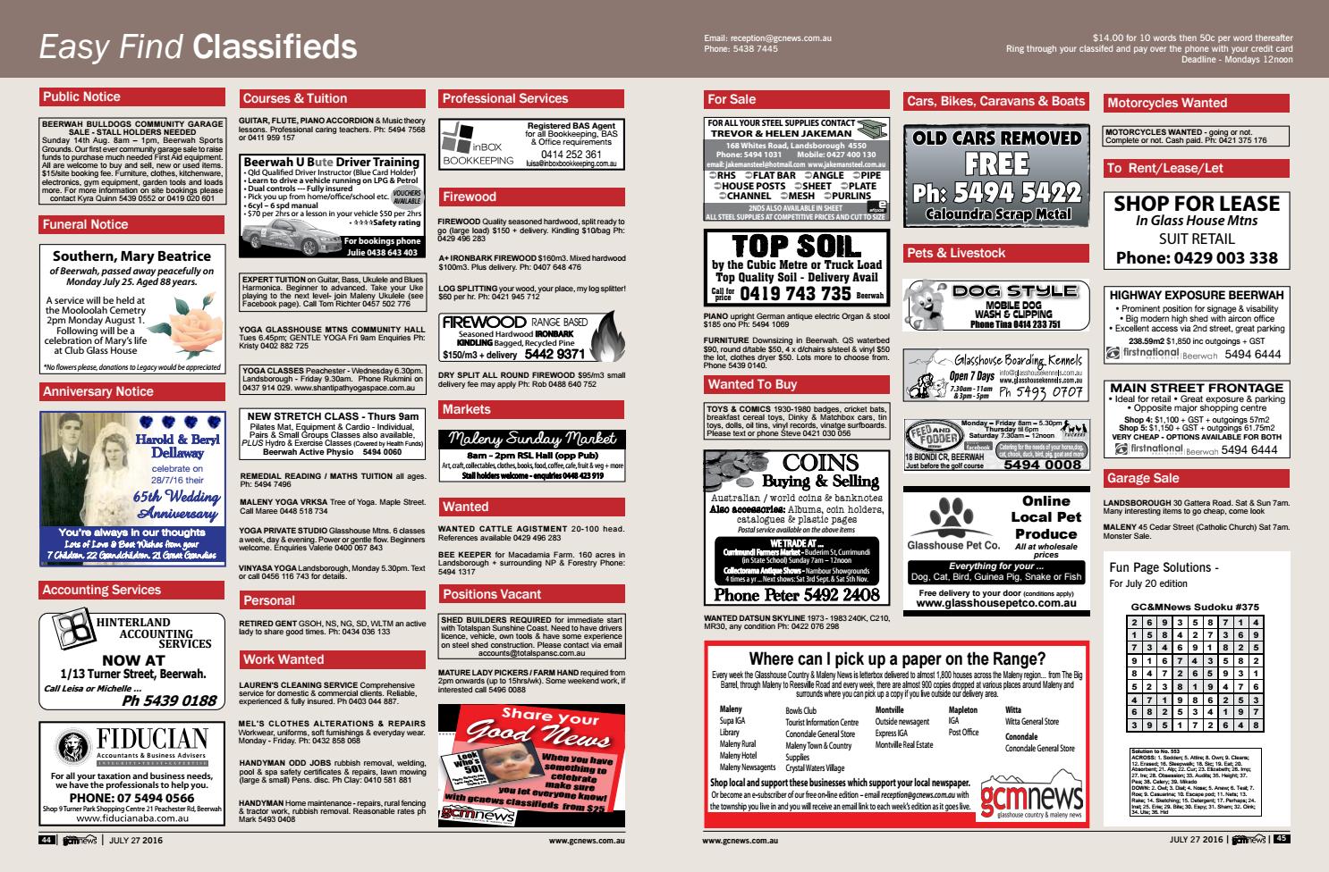 Classifieds 27th july 2016 by Glasshouse Country & Maleny News - Issuu