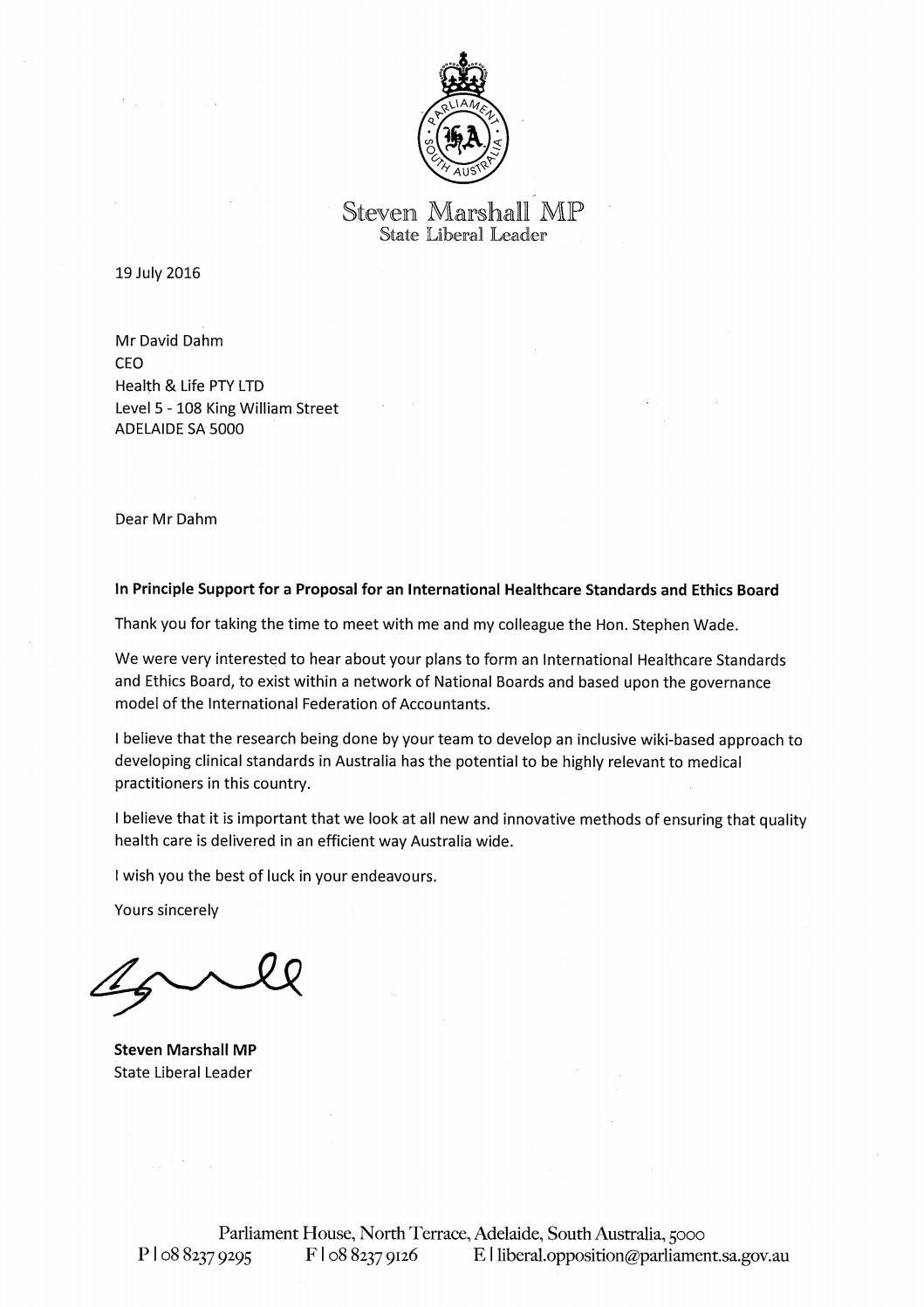 Hhonourable Liberal Leader Steven Marshall mp letter of support by ...