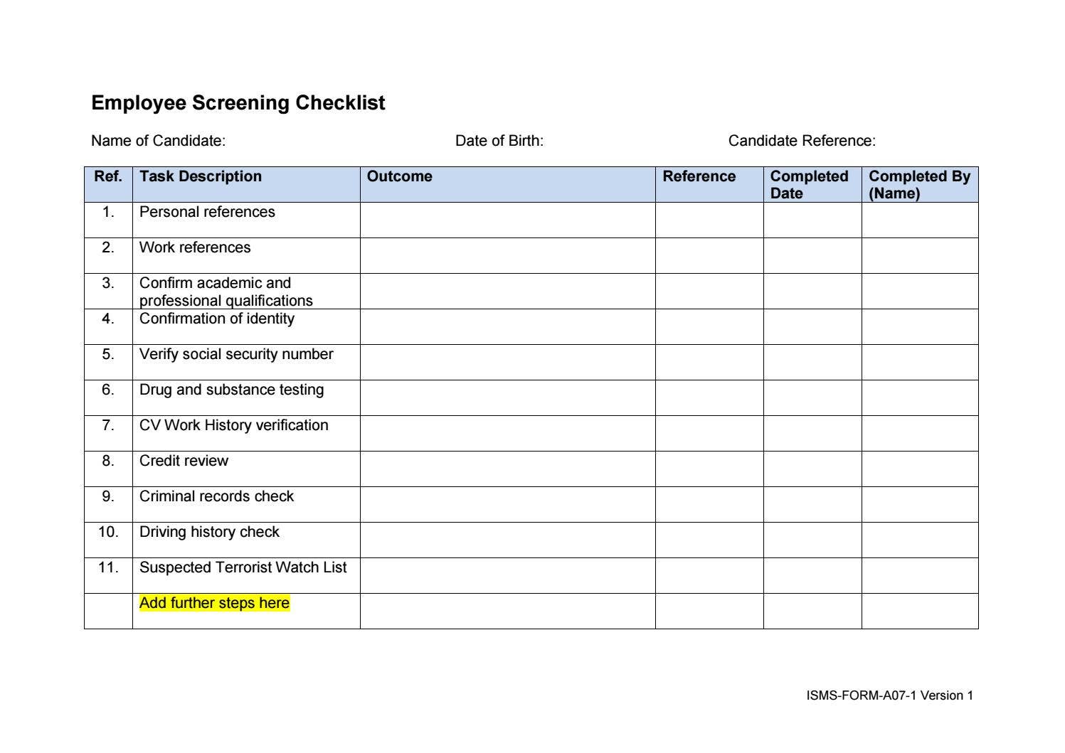 Isms form a07 1 employee screening checklist by CertiKit Limited - Issuu
