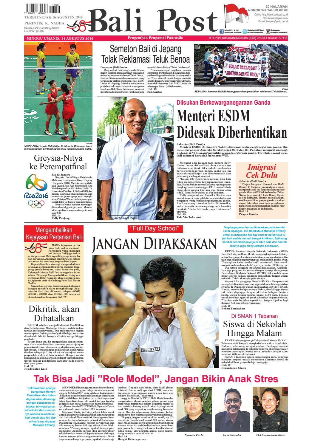 Edisi 14 Agustus 2016 | Balipost.com by e-Paper KMB - Issuu