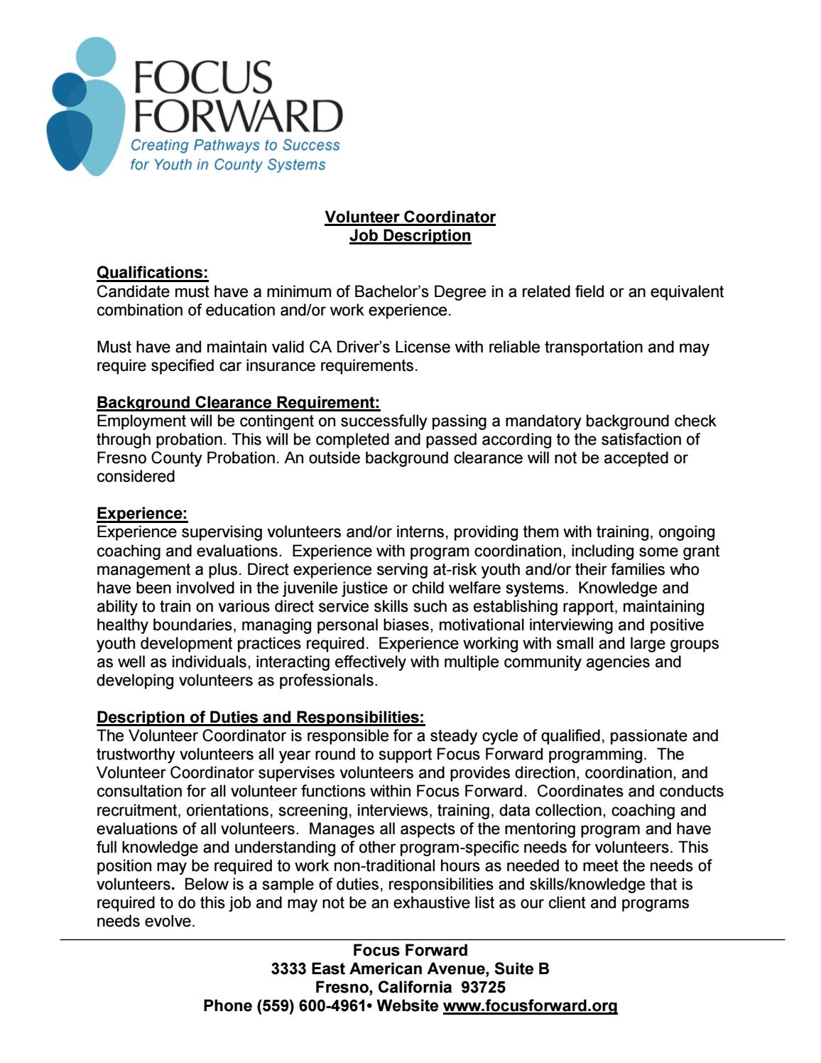 Volunteer coordinator job description By Focus Foward Issuu