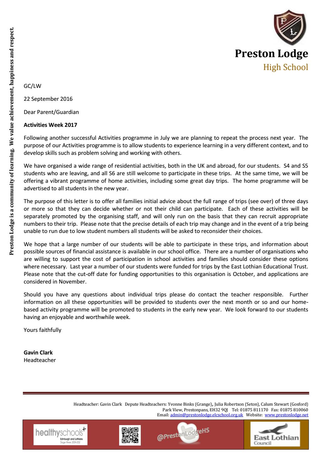 Initial Activities Trip Letter And Trip Info 22 9 16 By Preston Lodge 