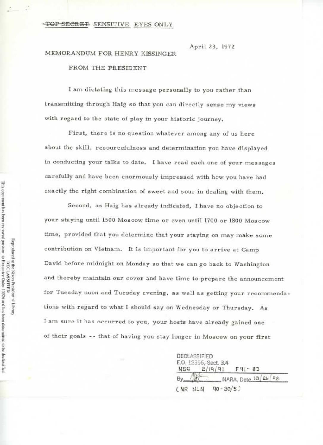 Memorandum - President Nixon to Kissinger - On Meetings with Moscow ...