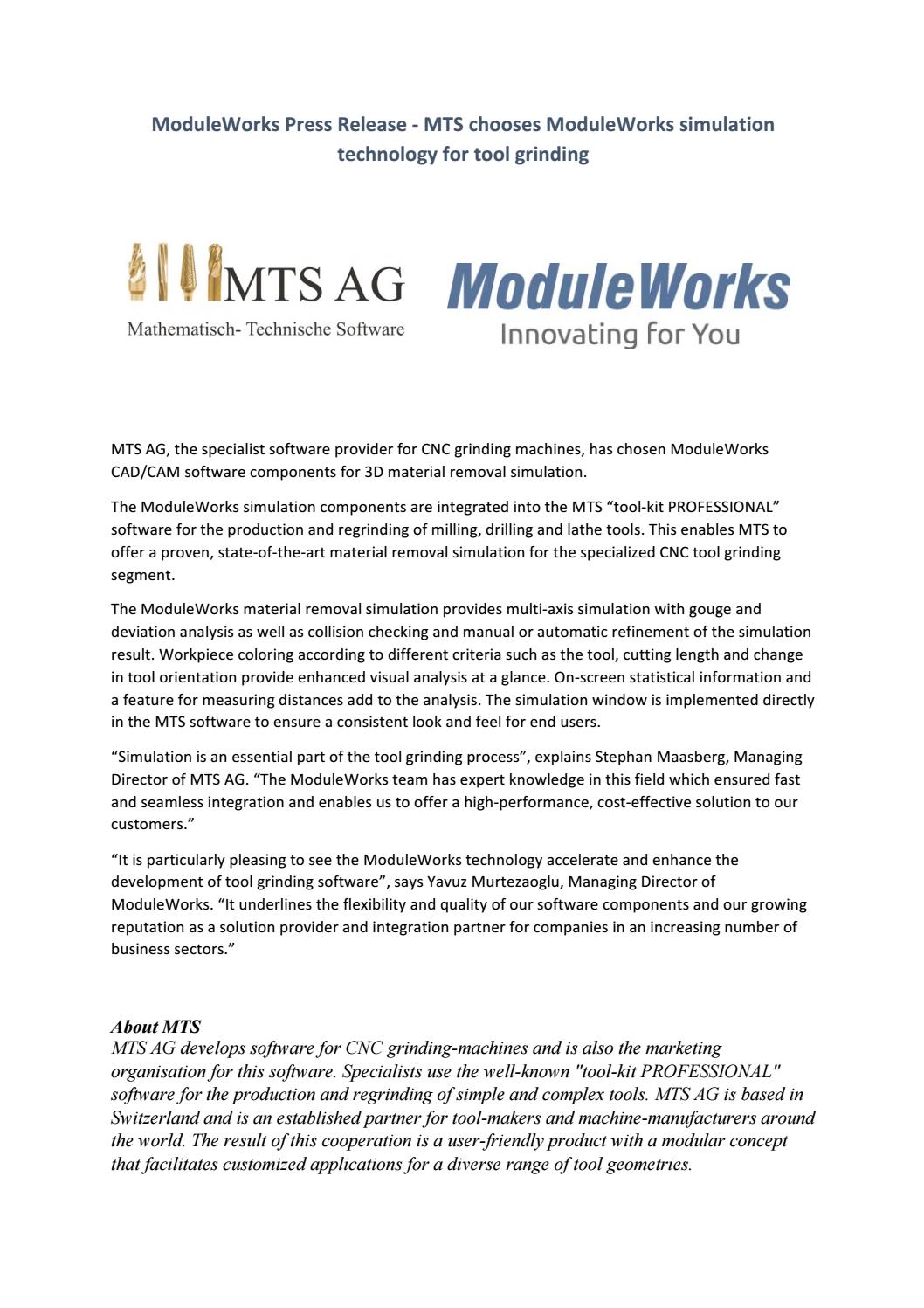 ModuleWorks Press Release - MTS chooses ModuleWorks Cutting Simulation ...