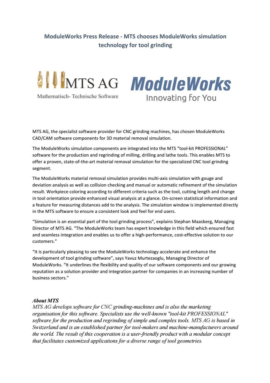 ModuleWorks Press Release - MTS chooses ModuleWorks Cutting Simulation ...