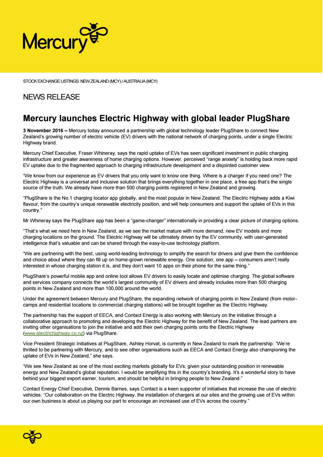 Mercury launches Electric Highway with global leader Plugshare by ...