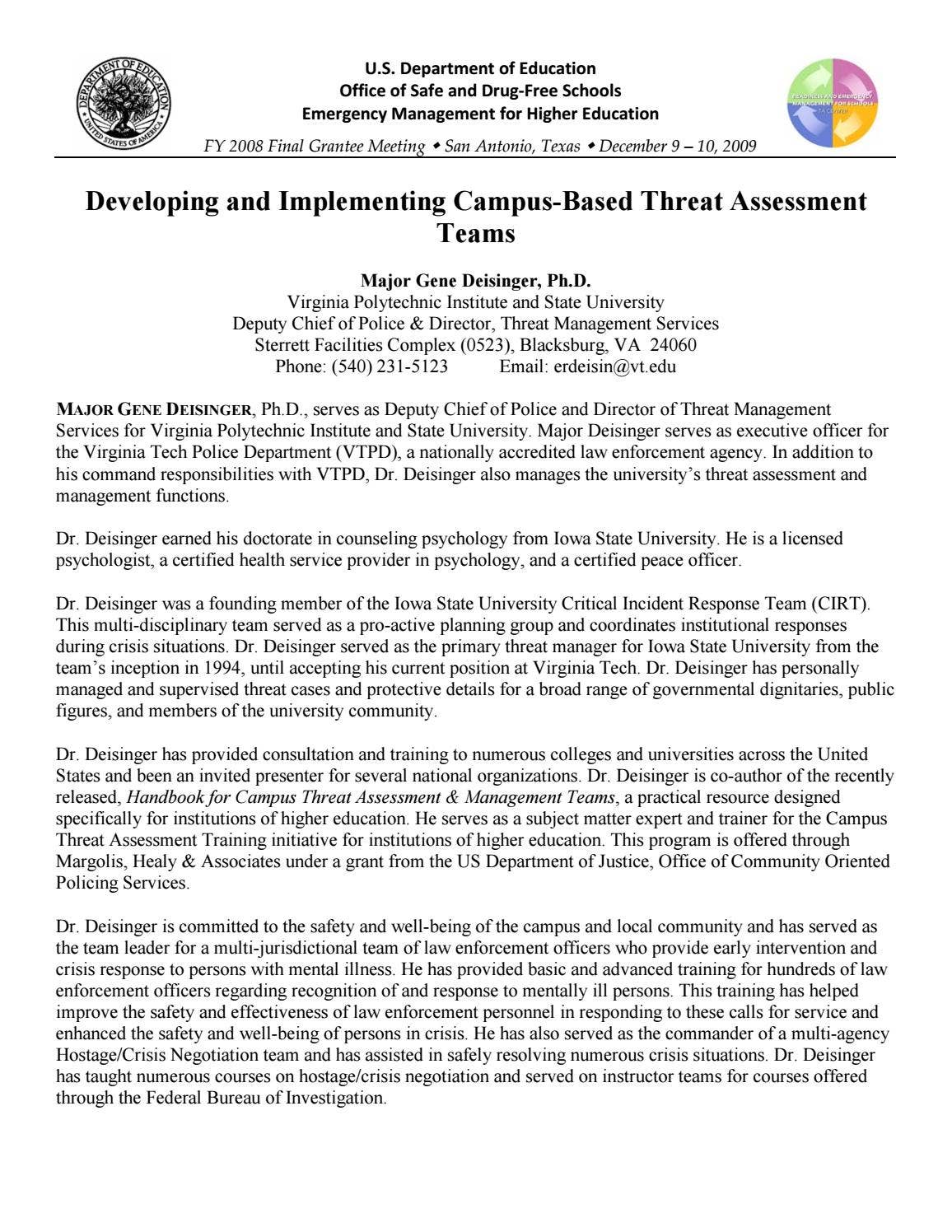 Developing and Implementing Campus-Based Threat Assessment Teams by ...