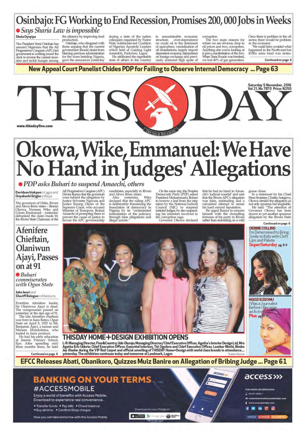 Saturday 5th November 2016 by THISDAY Newspapers Ltd - Issuu