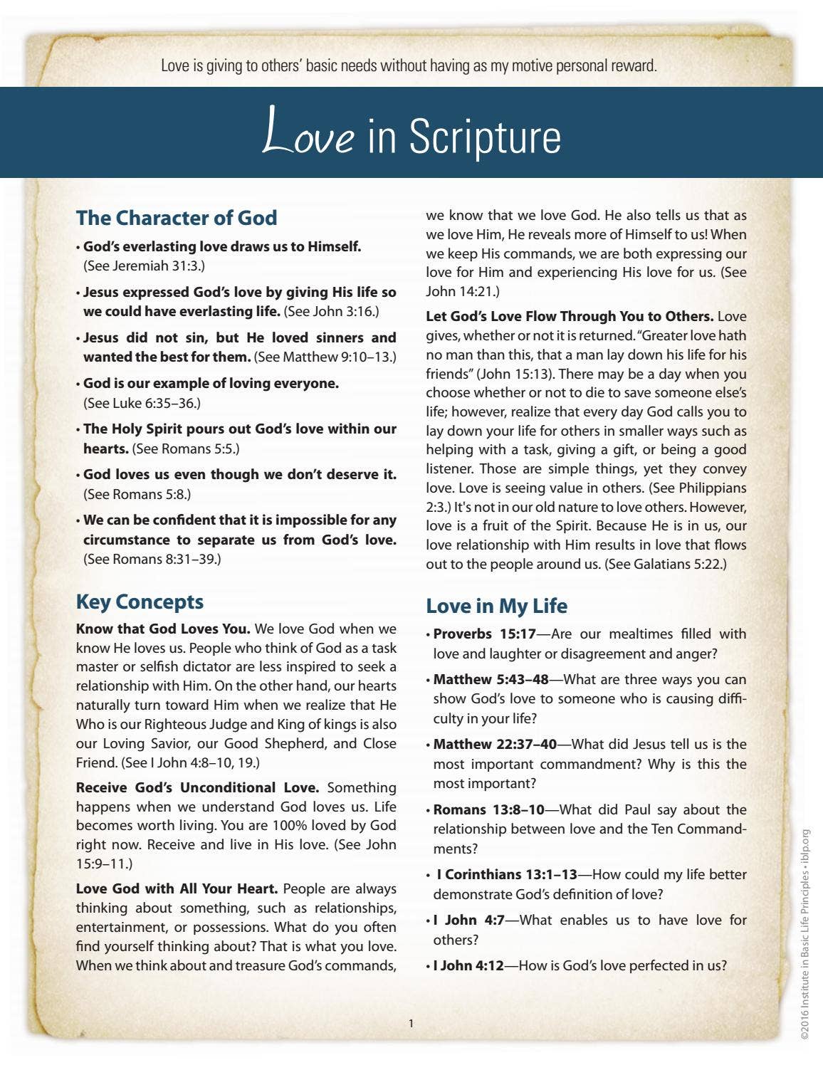 Love - Biblical Character Curriculum by Institute in Basic Life ...