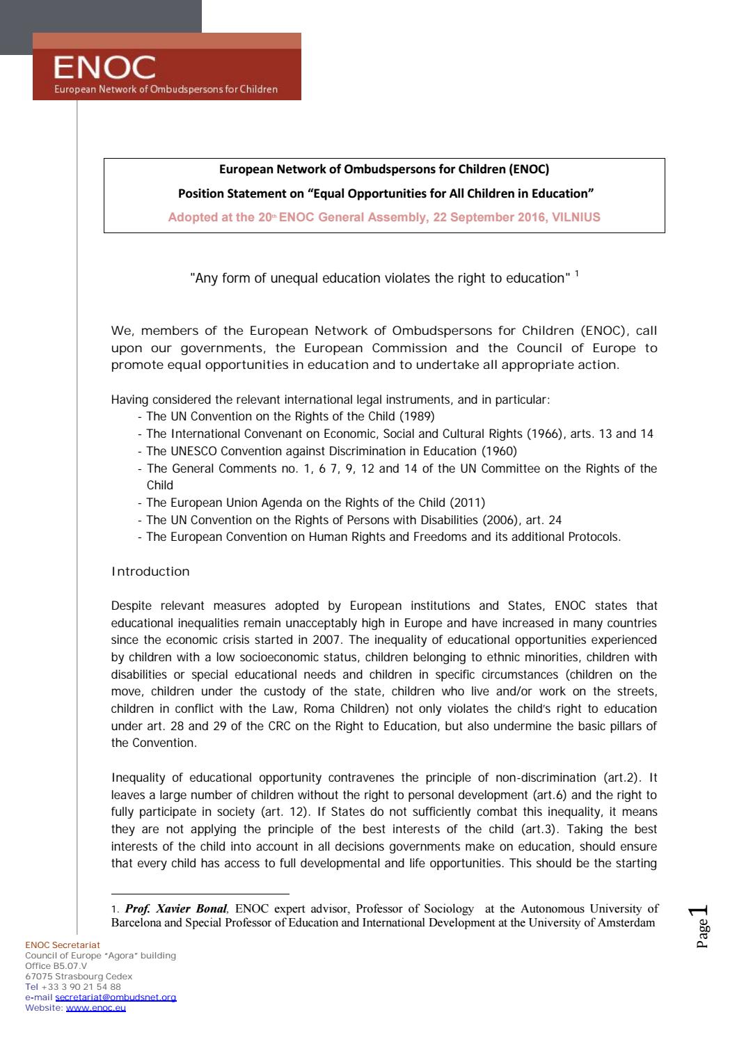 Enoc position statement on equal opportunities in education fv1 by ...