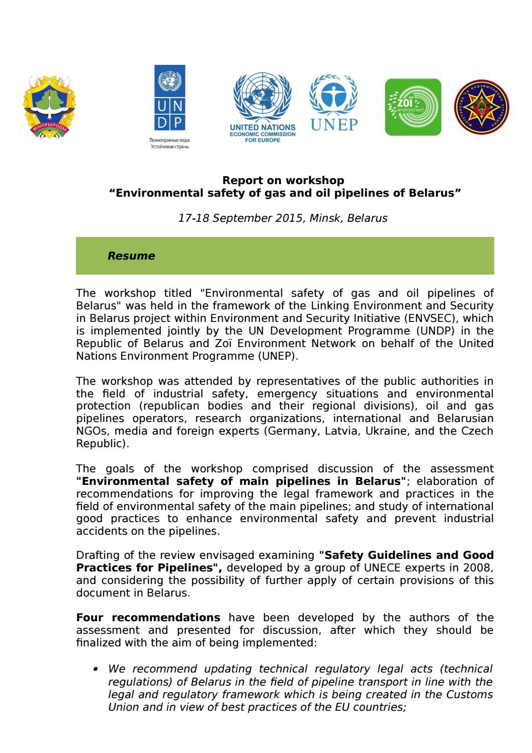 Report on workshop “Environmental safety of gas and oil pipelines of ...