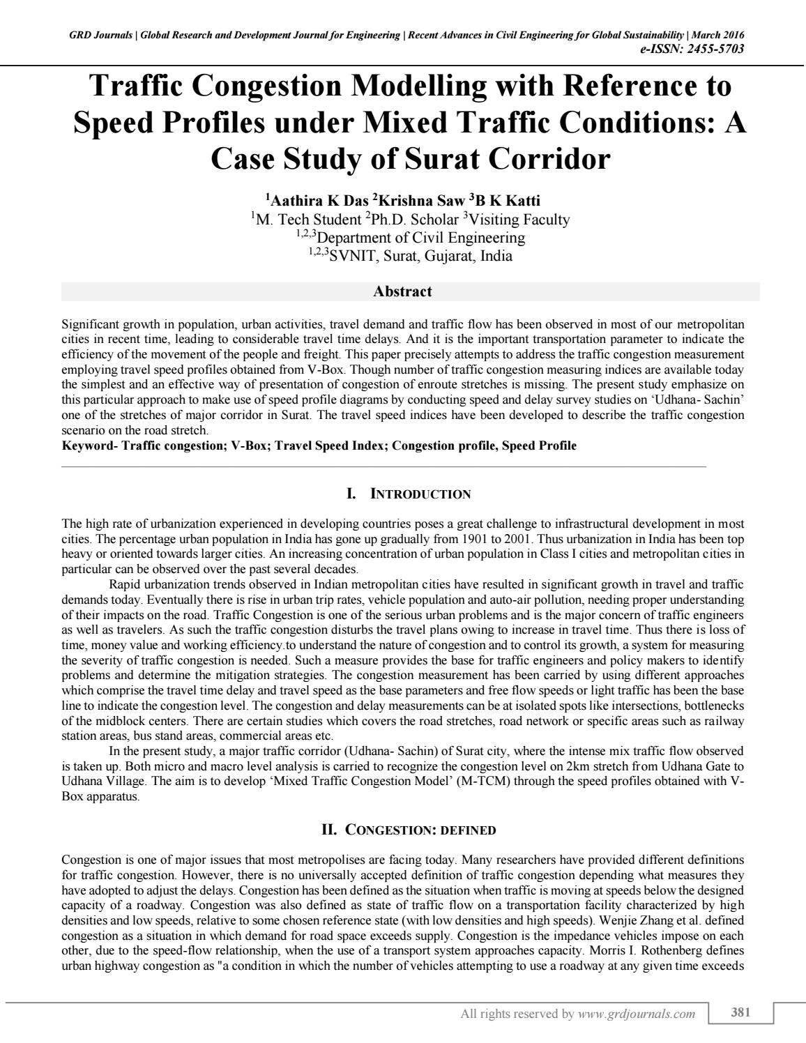 Traffic Congestion Modelling With Reference To Speed Profiles Under ...