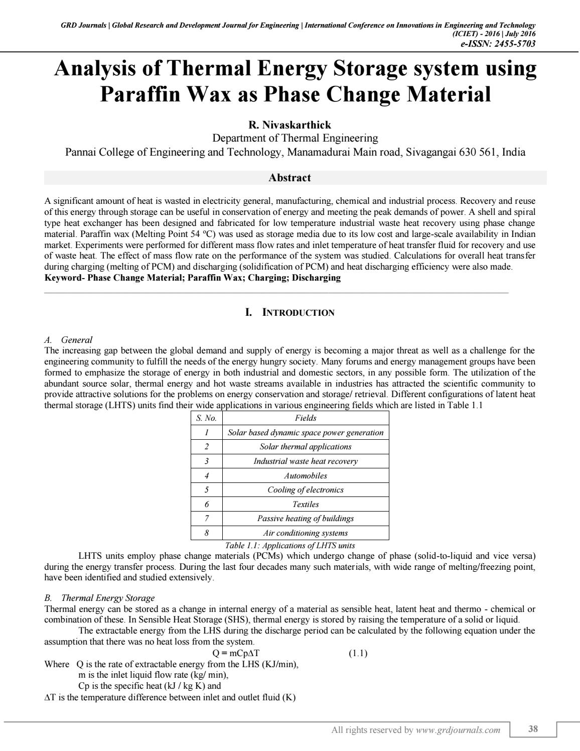 ANALYSIS OF THERMAL ENERGY STORAGE SYSTEM USING PARAFFIN WAX AS PHASE ...