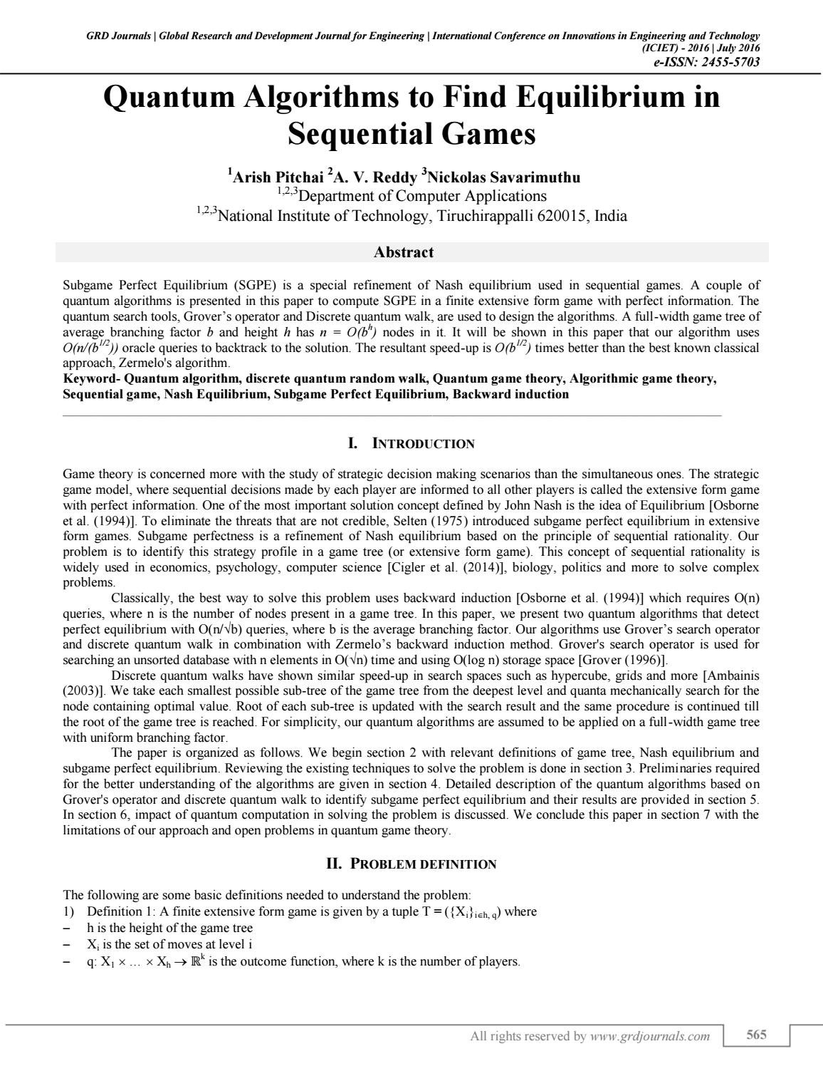 Quantum Algorithms to Find Equilibrium in Sequential Games by GRD ...