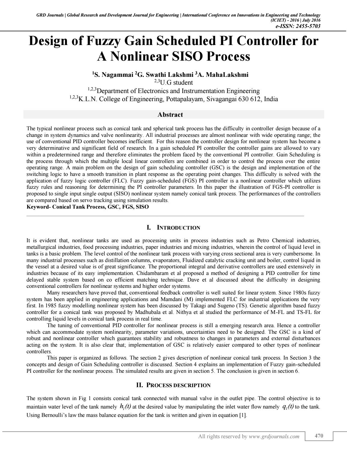 Design of Fuzzy gain scheduled PI Controller for a nonlinear SISO Process by GRD Journals - Issuu