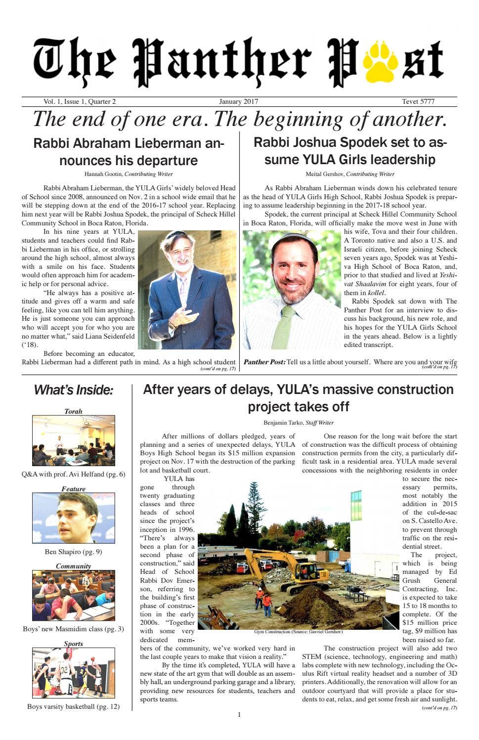 The Panther Post Vol 1, issue 1 Jan 2017 by YULA High School - Issuu