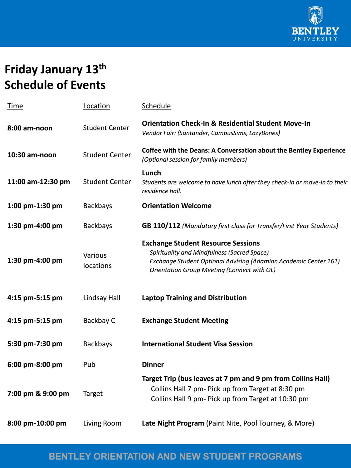 January orientation schedule 2017 by Bentley University New Student ...