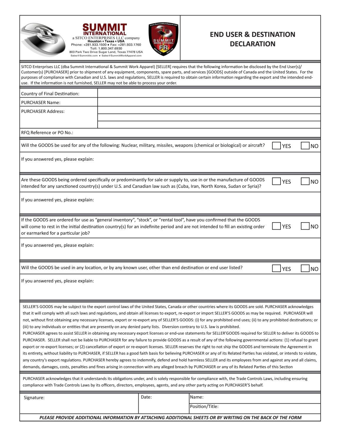 Summit International End User/End Destination Declaration Form by ...