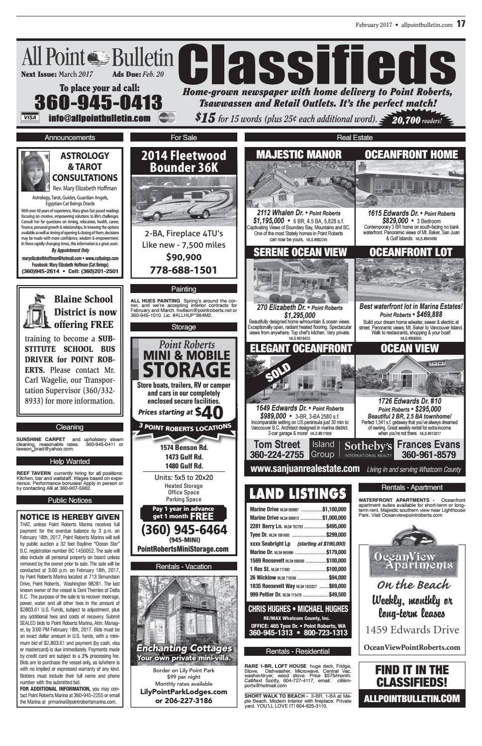 All Point Bulletin Classifieds February 2017 by Point Roberts Press - Issuu