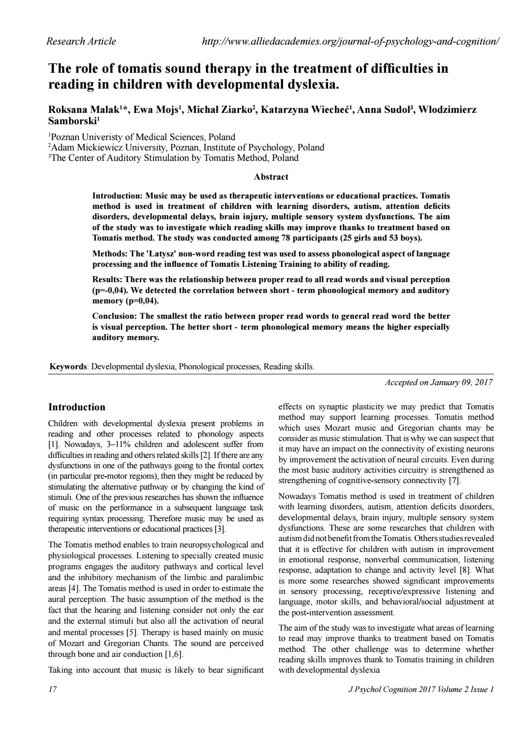 The role of tomatis sound therapy in the treatment of difficulties ...