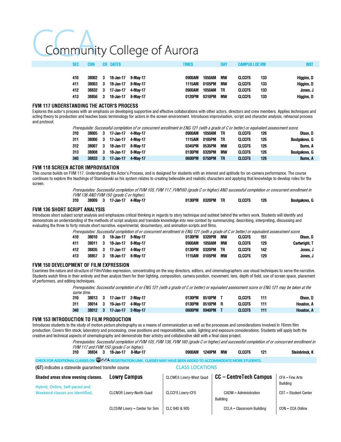 CCA Spring Schedule 2017 by ccaurora - Issuu