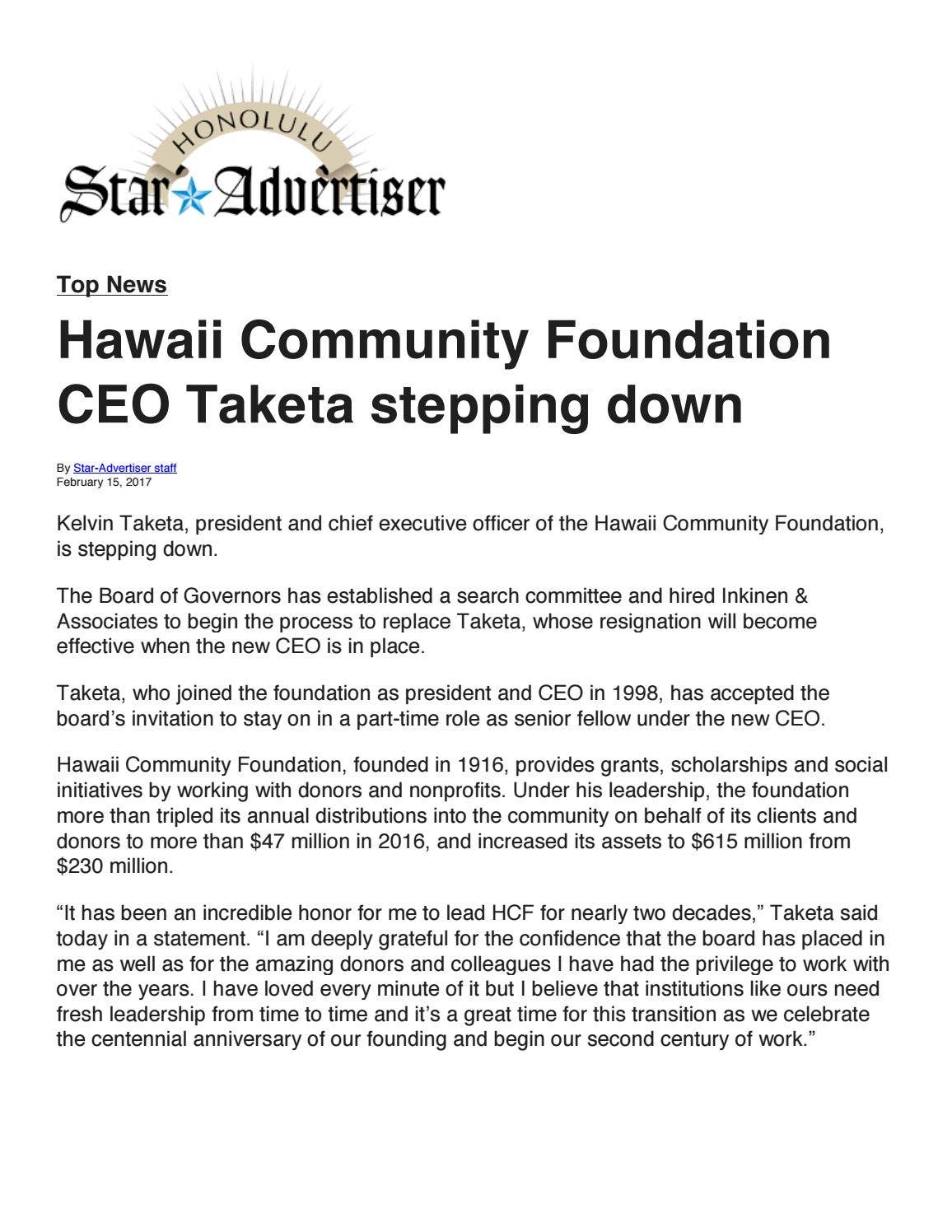 HCF CEO Kelvin Taketa stepping down by Hawaii Community Foundation - Issuu