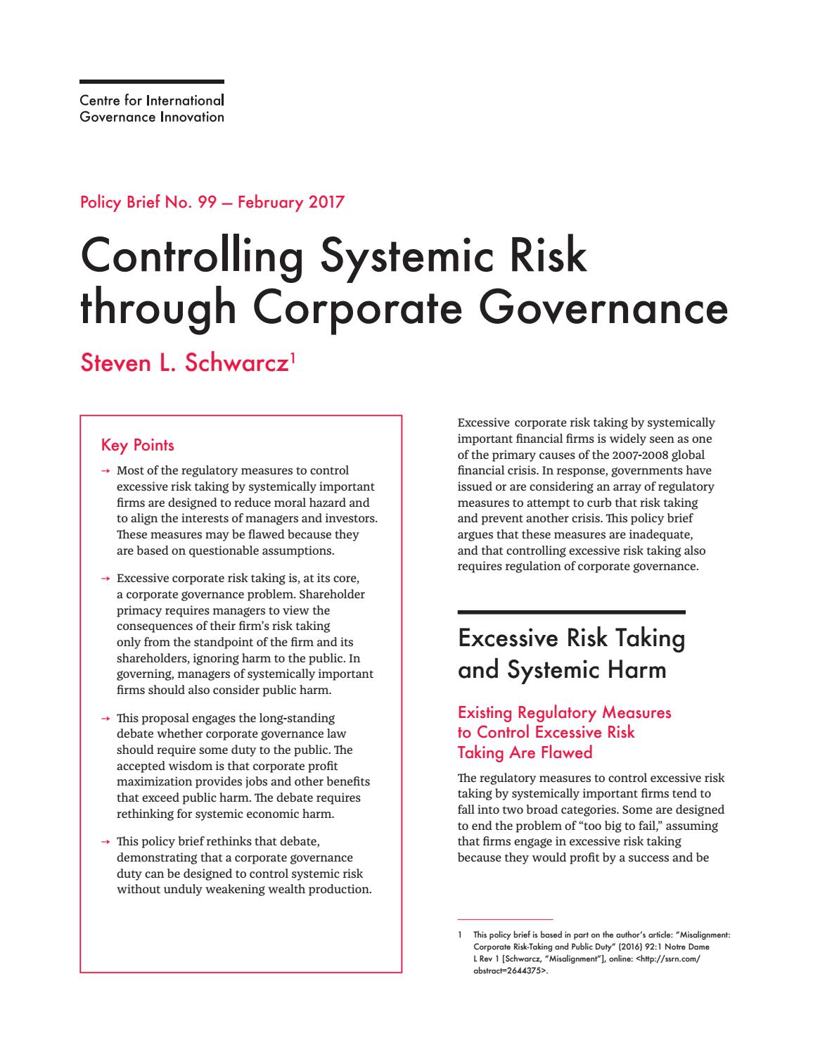 Controlling Systemic Risk through Corporate Governance by Centre for ...