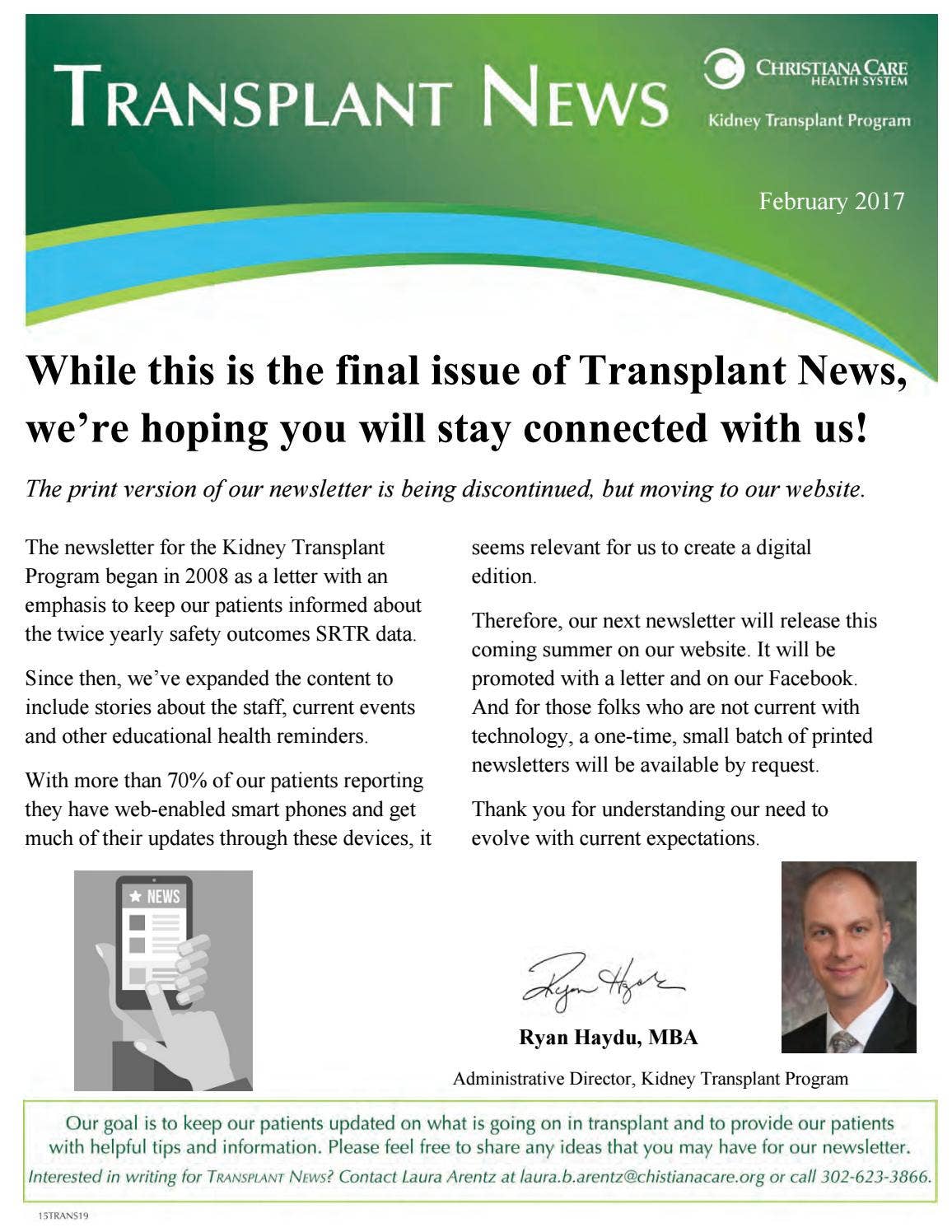 Kidney Transplant Newsletter - Winter 2017 by ChristianaCare - Issuu