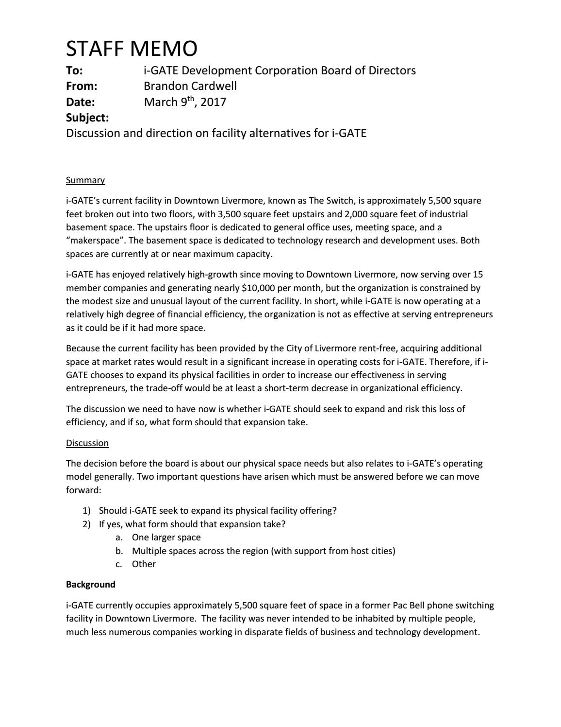 Staff memo i gate facility options by i-GATE - Issuu