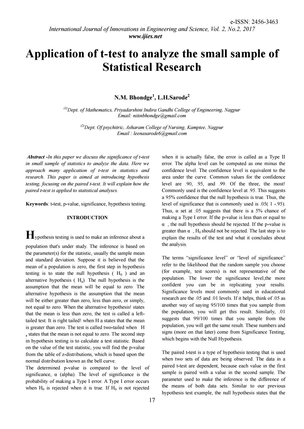 Application Of T Test To Analyze The Small Sample Of Statistical 