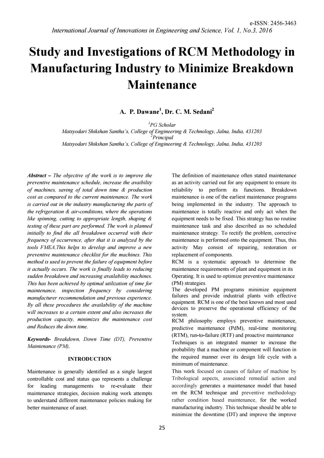 Study and investigations of rcm methodology in manufacturing industry ...