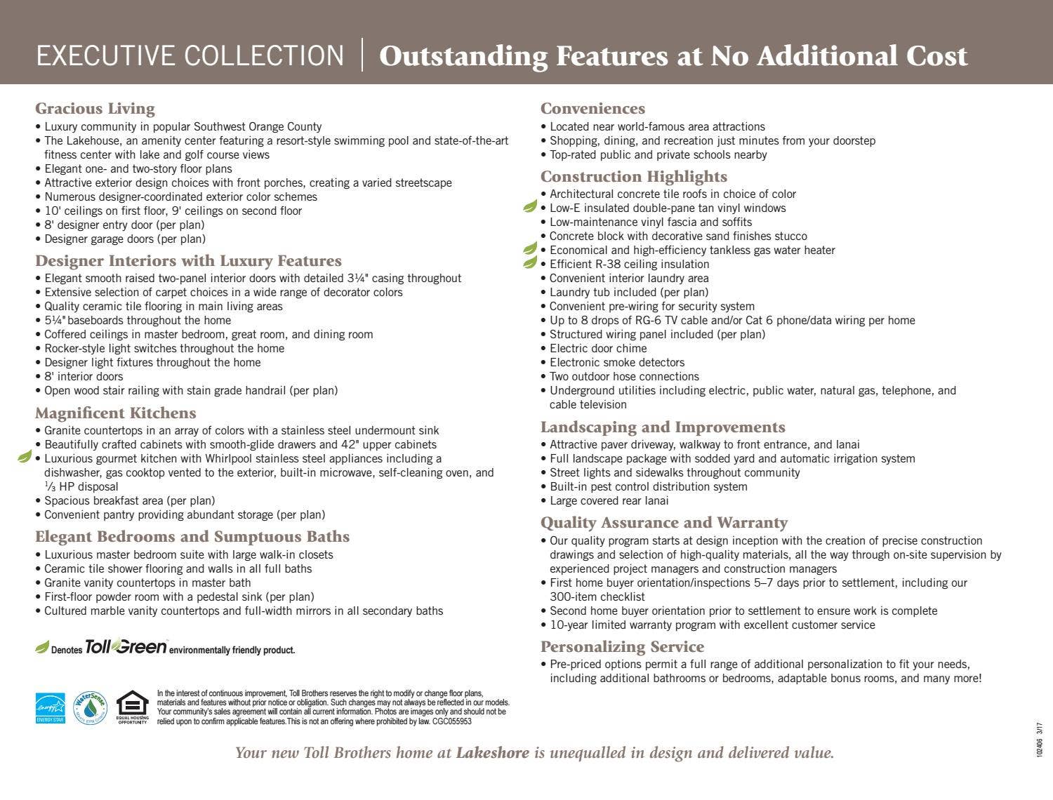 Lakeshore - Executives Outstanding Features 3/2017 by Toll Brothers ...