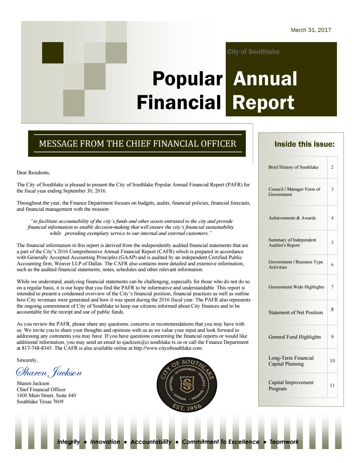 Popular Annual Financial Report (PAFR) FY20016 by City of Southlake ...
