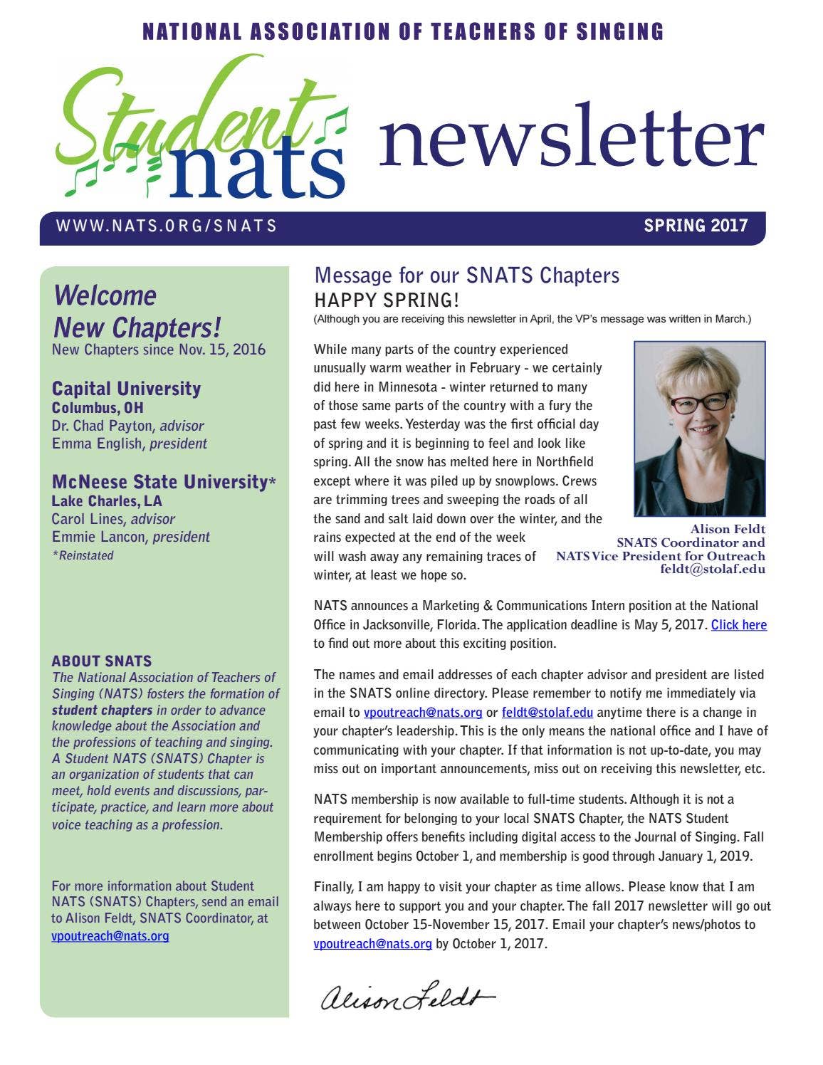 Student NATS (SNATS) Newsletter - Spring 2017 by National Association of Teachers of Singing ...