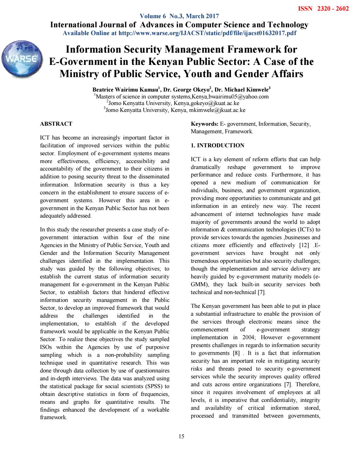 Information Security Management Framework for E-Government in the ...