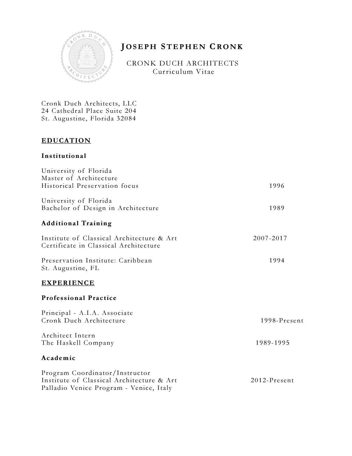 Joseph s cronk curriculum vitae 2016 by Cronk Duch Architecture - Issuu
