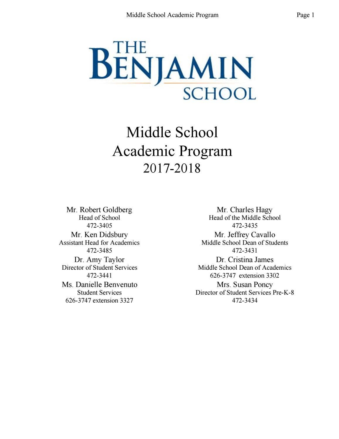 2017-2018 Benjamin Middle School Academic Program by TheBenjaminSchool ...