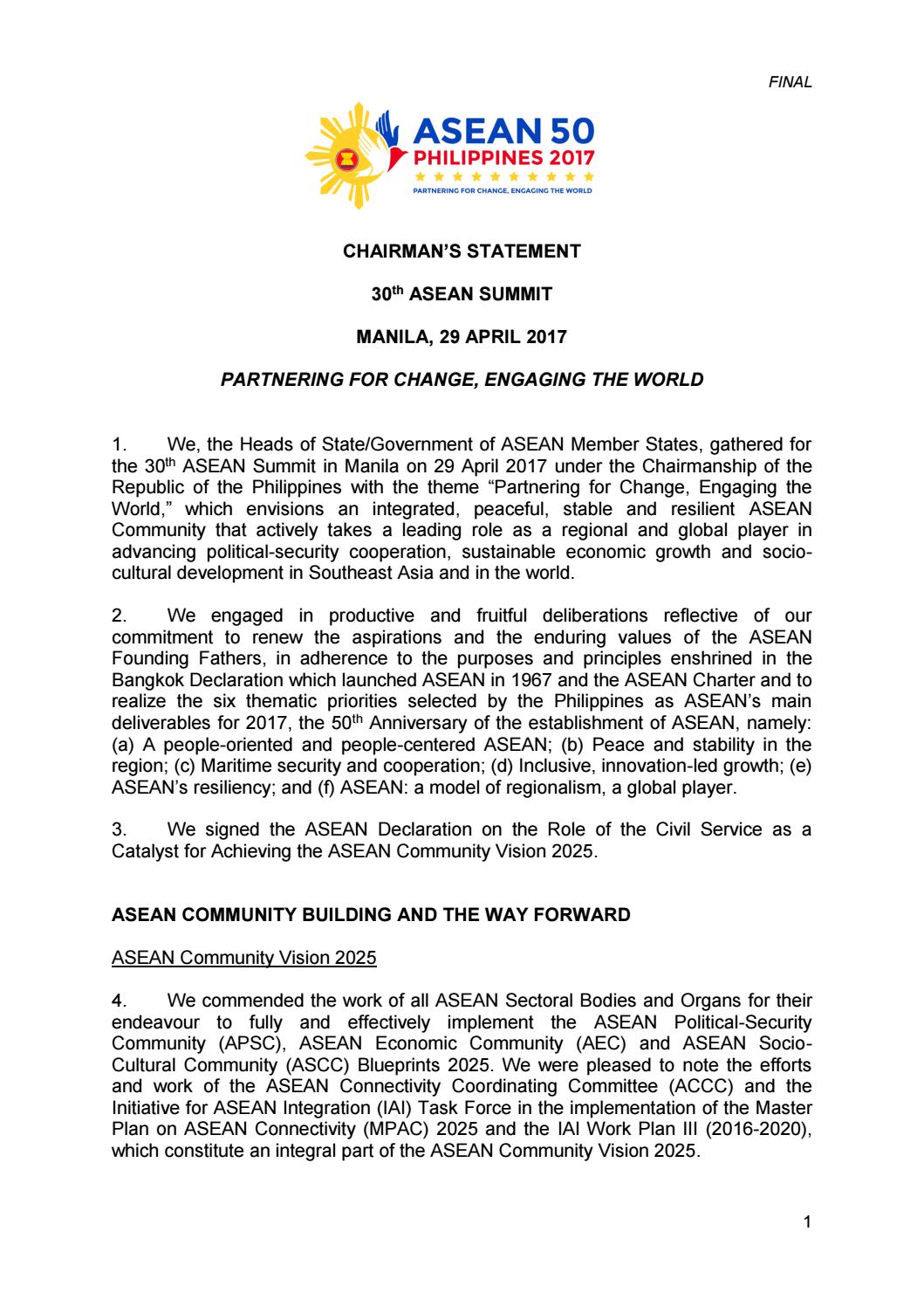 Final chairmans statement of 30th asean summit 29 apr 2017 by ...