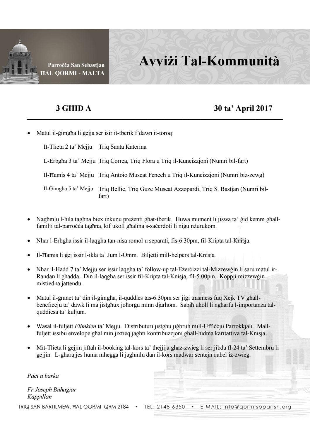 Avvizi 30 t'April 2017 by St Sebastian Parish Qormi - Issuu