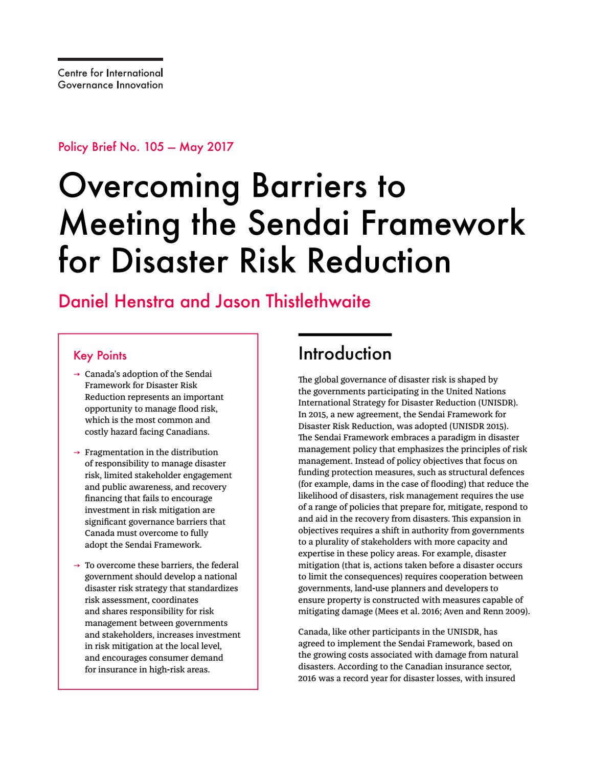 Overcoming Barriers to Meeting the Sendai Framework for Disaster Risk ...